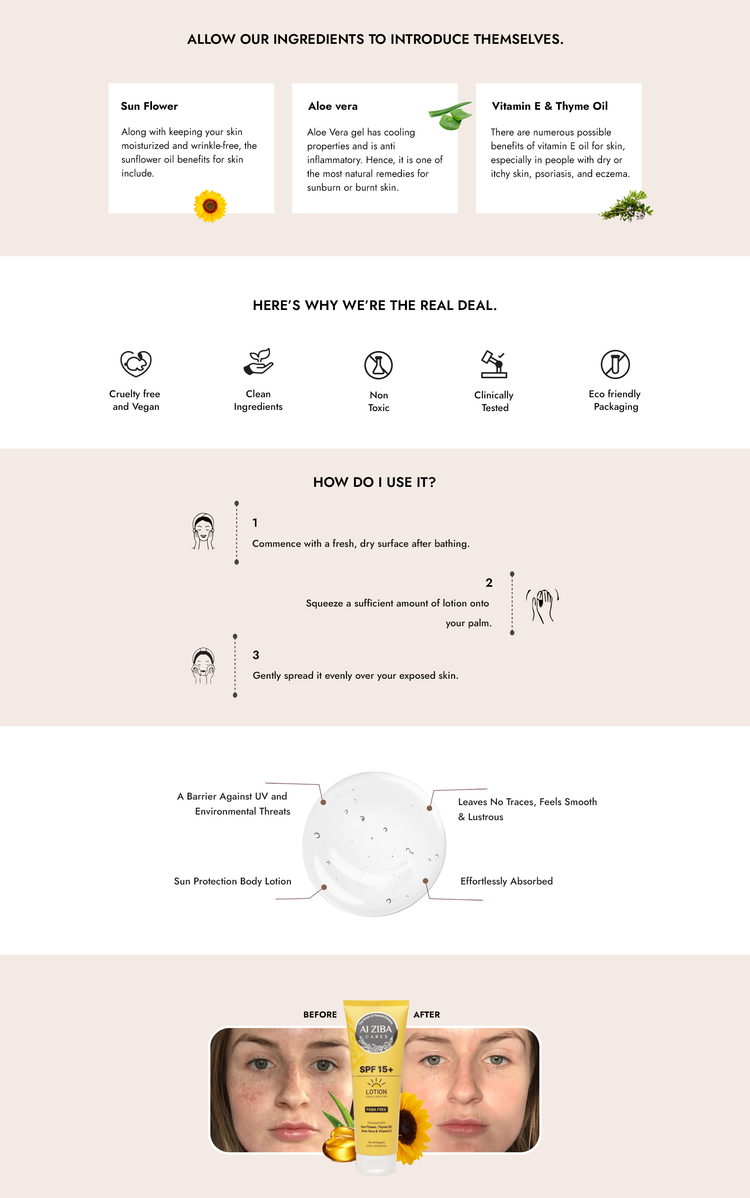 SPF 15+ Sunscreen Lotion with Sunflower, Thyme Oil, Vitamin E & Aloe ...