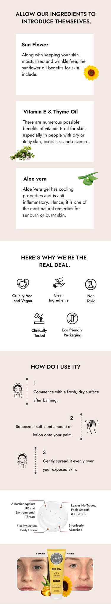 SPF 15+ Sunscreen Lotion with Sunflower, Thyme Oil, Vitamin E & Aloe ...